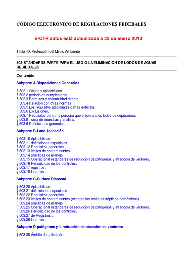 E Epa CFR Titulo 40 Parte 503 Espanol Code of Federal Regulations | PDF ...