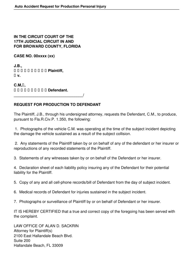 Auto Accident Request For Production | PDF