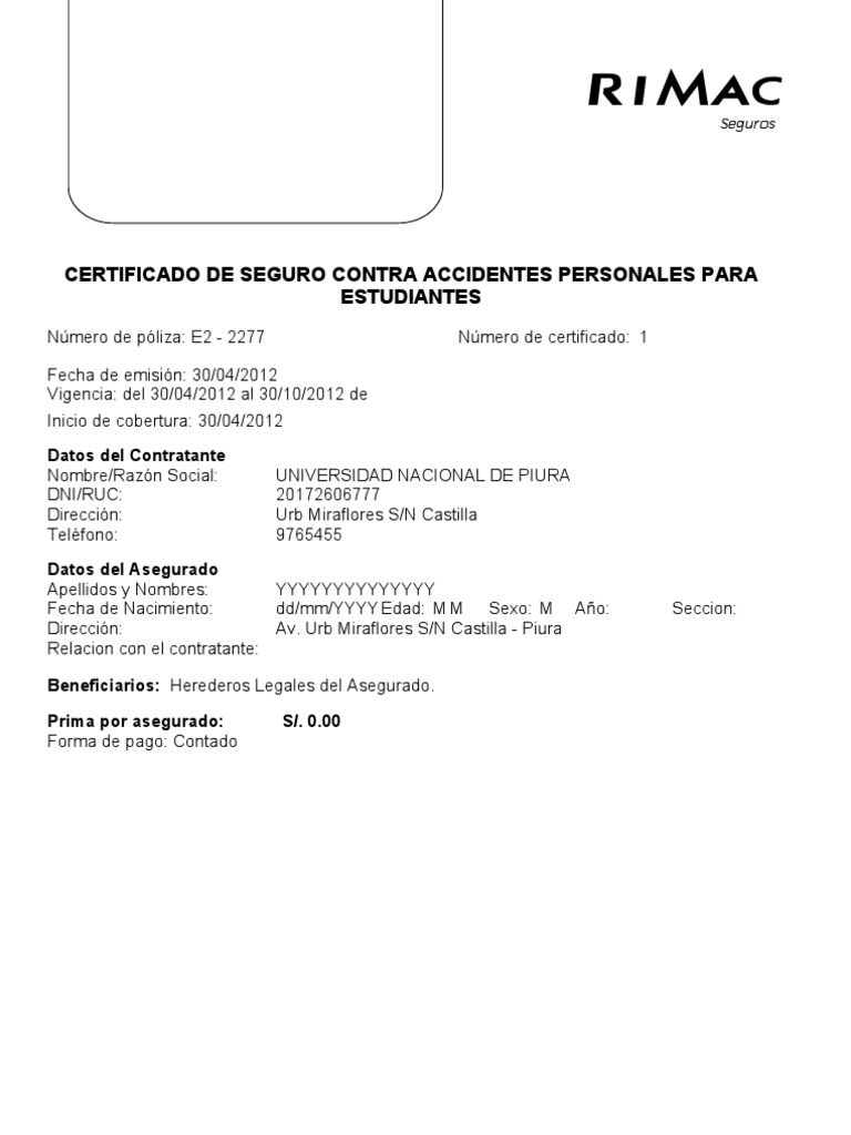 Certifica Do Seguros Rimac Unp | Descargar gratis PDF | Póliza de seguros | Seguro