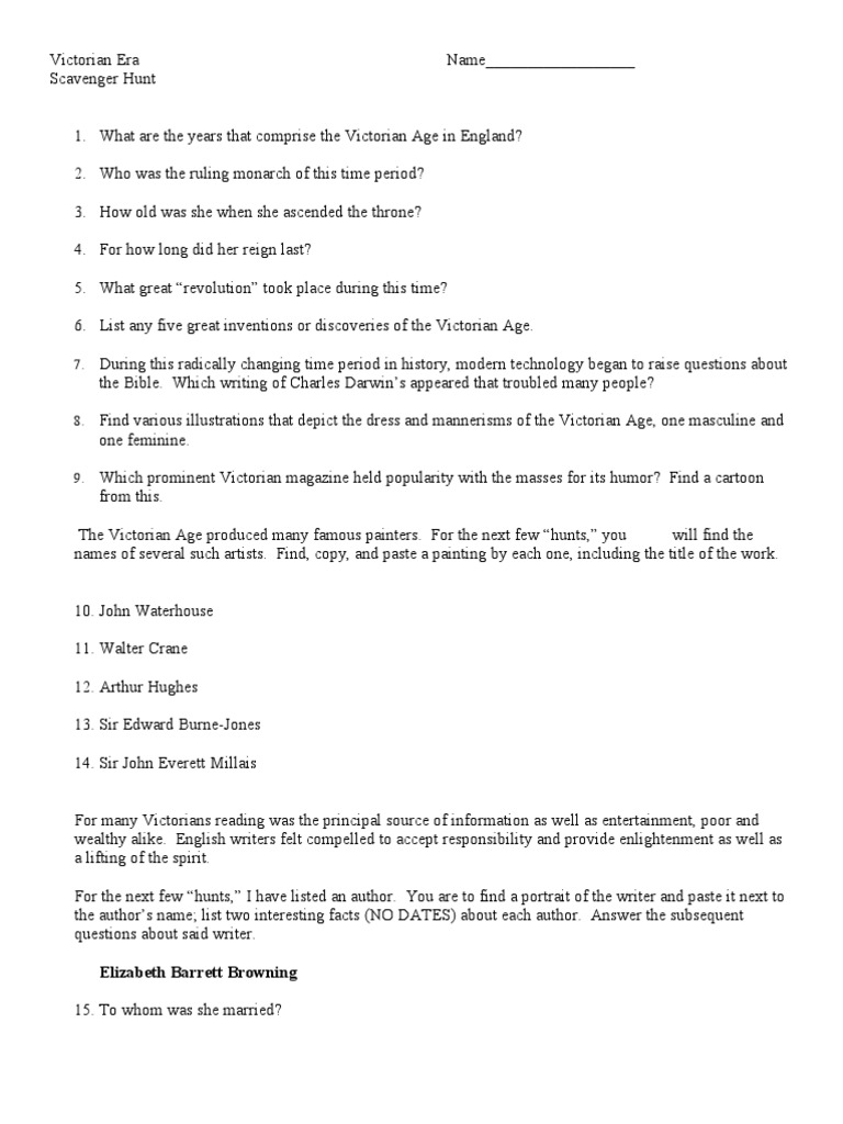 Victorian Era Scavenger Hunt | PDF | Alice (Alice's Adventures In ...