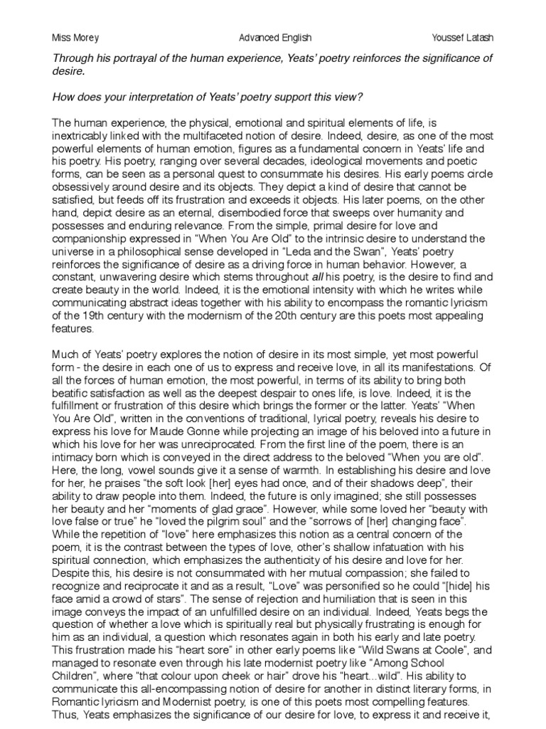W.B. Yeats Essay On Desire | PDF | W. B. Yeats | Poetry