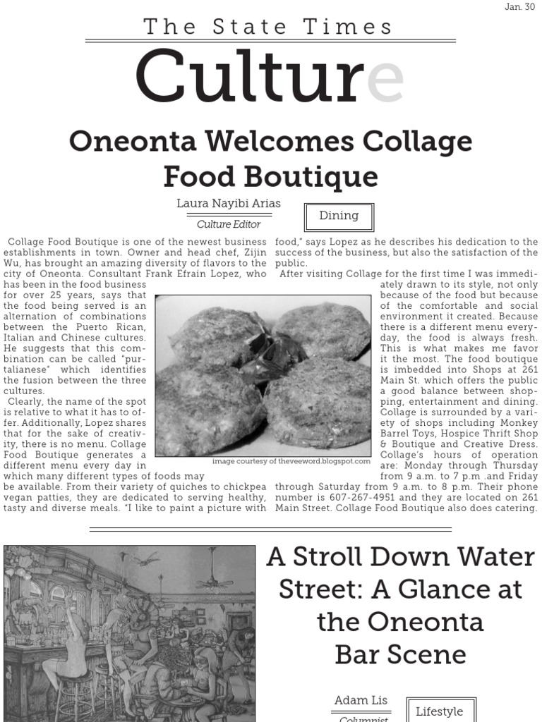 Oneonta Welcomes Collage Food Boutique: Cultur | PDF | Tavern | Foods