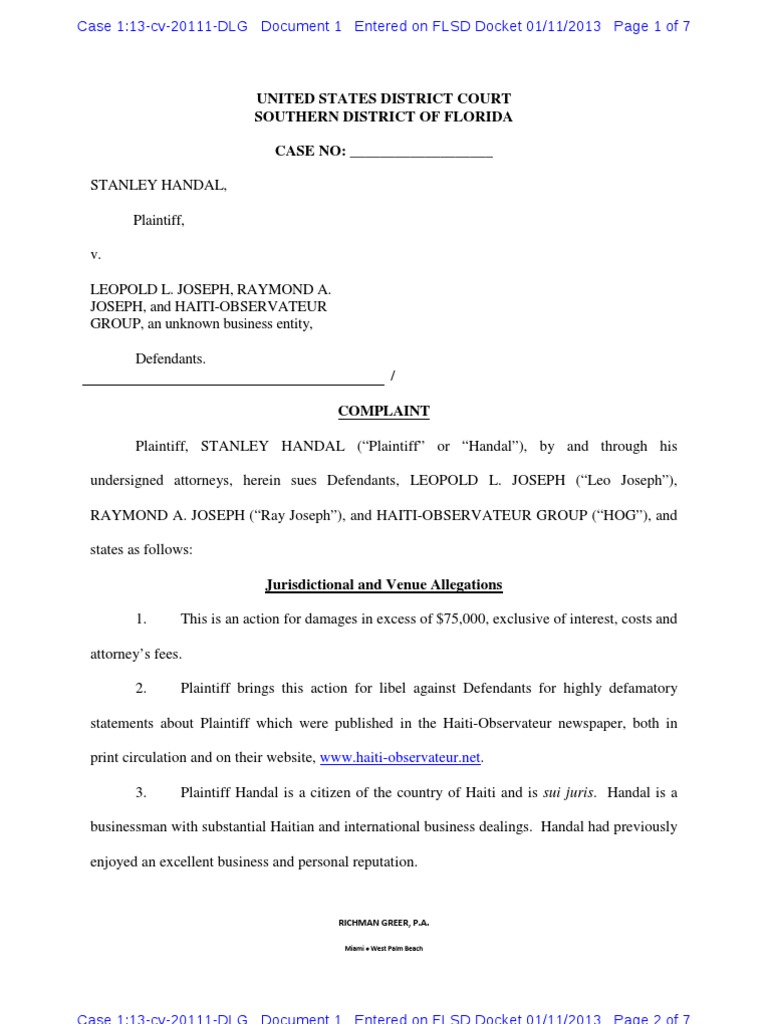Handal v. Joseph: Libel Complaint | PDF | Defamation | Intentional ...