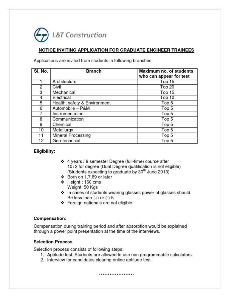 Notice Inviting Application For Graduate Engineer Trainees | PDF