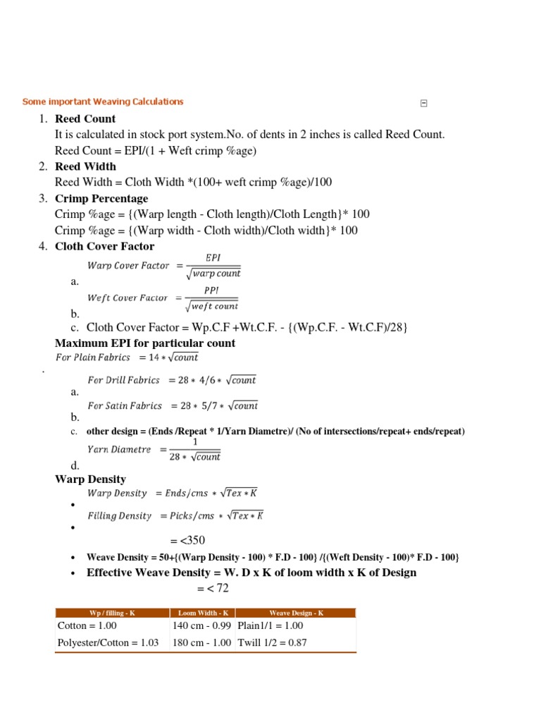Some Important Weaving Calculations | PDF | Textiles | Weaving