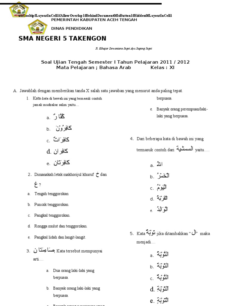 Soal Ujian Bahasa Arab Kelas XI | PDF | Seni & Disiplin Bahasa