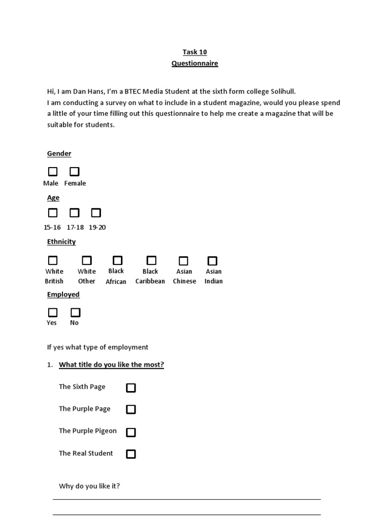 Student Magazine Questionaire | PDF | Sports & Recreation | Self ...