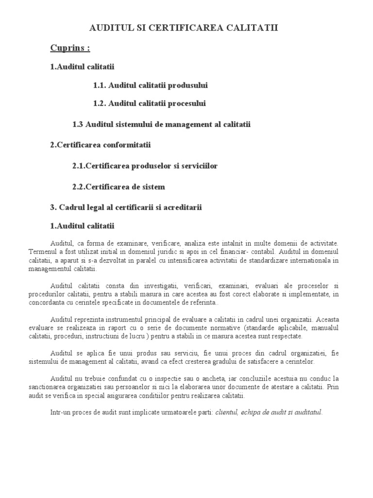 Auditul Si Certificarea Calitatii | PDF