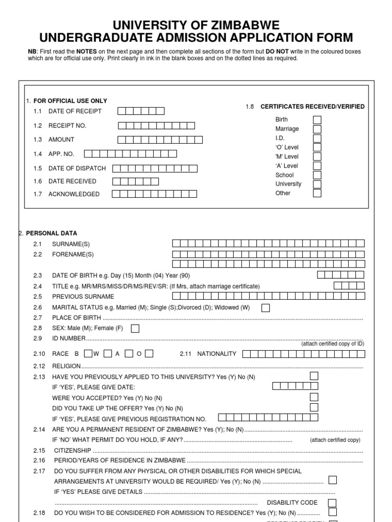 University of Zimbabwe Application Form | PDF | Permanent Residence ...