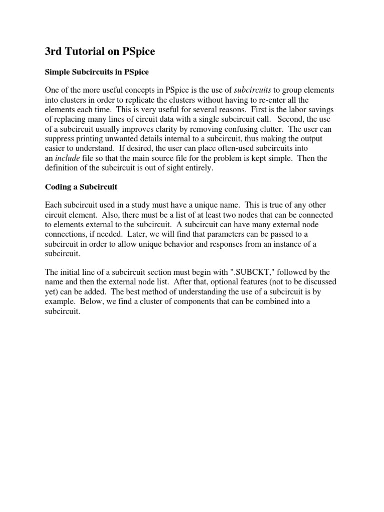 3Rd Tutorial On Pspice: Simple Subcircuits in Pspice | PDF ...
