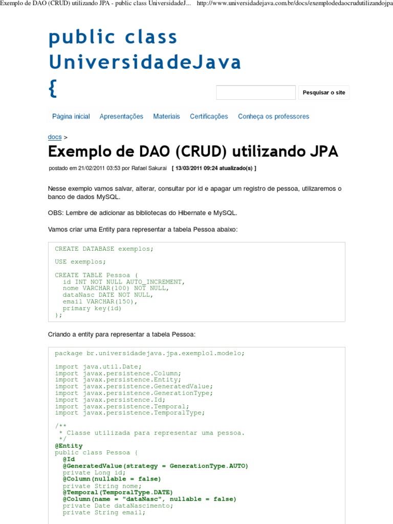 Exemplo de DAO (CRUD) Utilizando JPA - Public Class UniversidadeJava ...