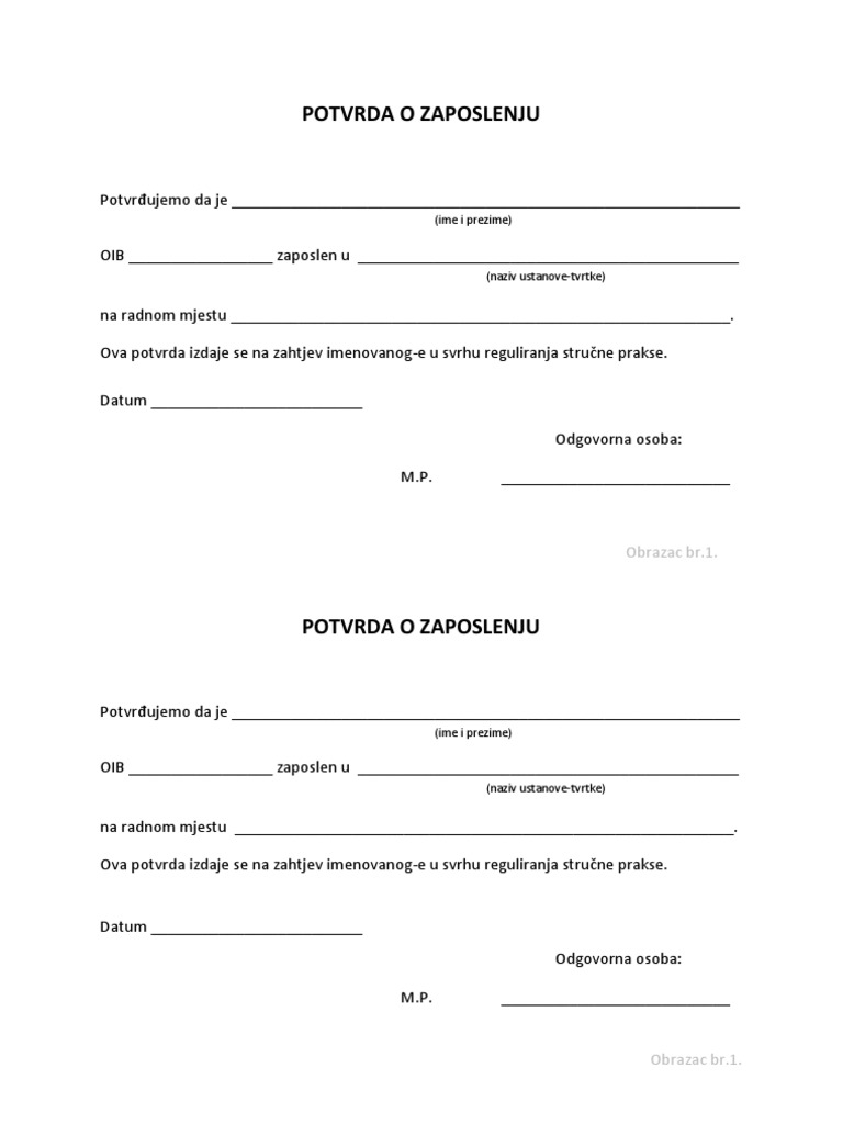 50 Obrazac Br 1.Potvrda o Zaposlenju