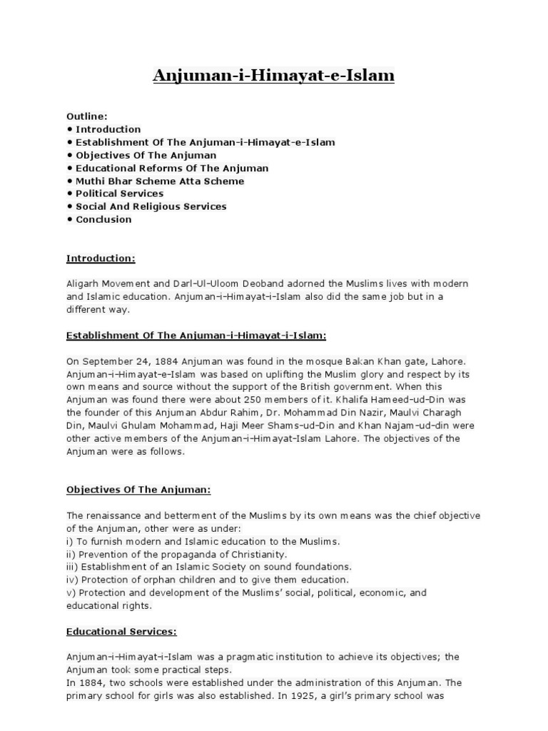 Anjuman-i-Himayat-e-Islam Overview | PDF | All India Muslim League | Lahore