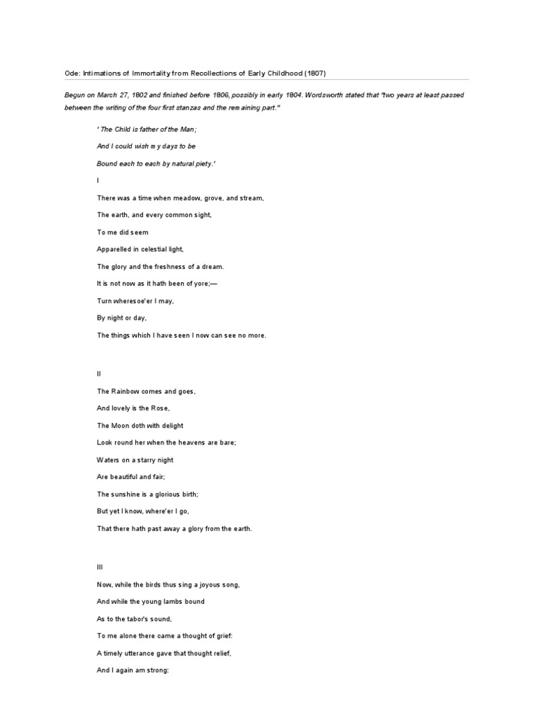 Ode: Intimations of Immortality From Recollections of Early Childhood ...