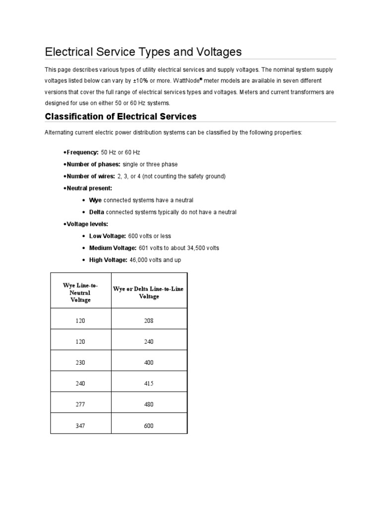 Electrical Service Types and Voltages | PDF