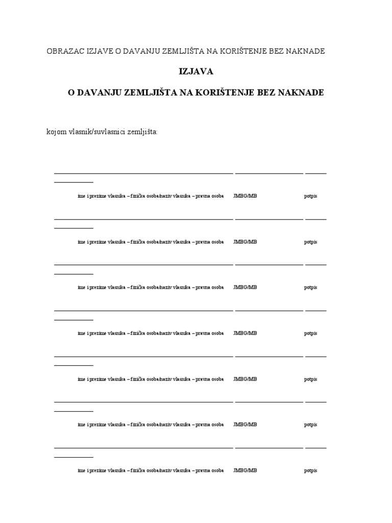 Obrazac Izjave o Davanju Zemljišta Na Korištenje Bez Naknade | PDF