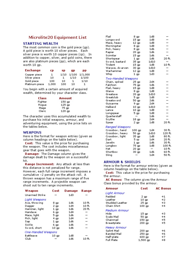 Microlite20 Equipment Tables | PDF | Armour | Shield
