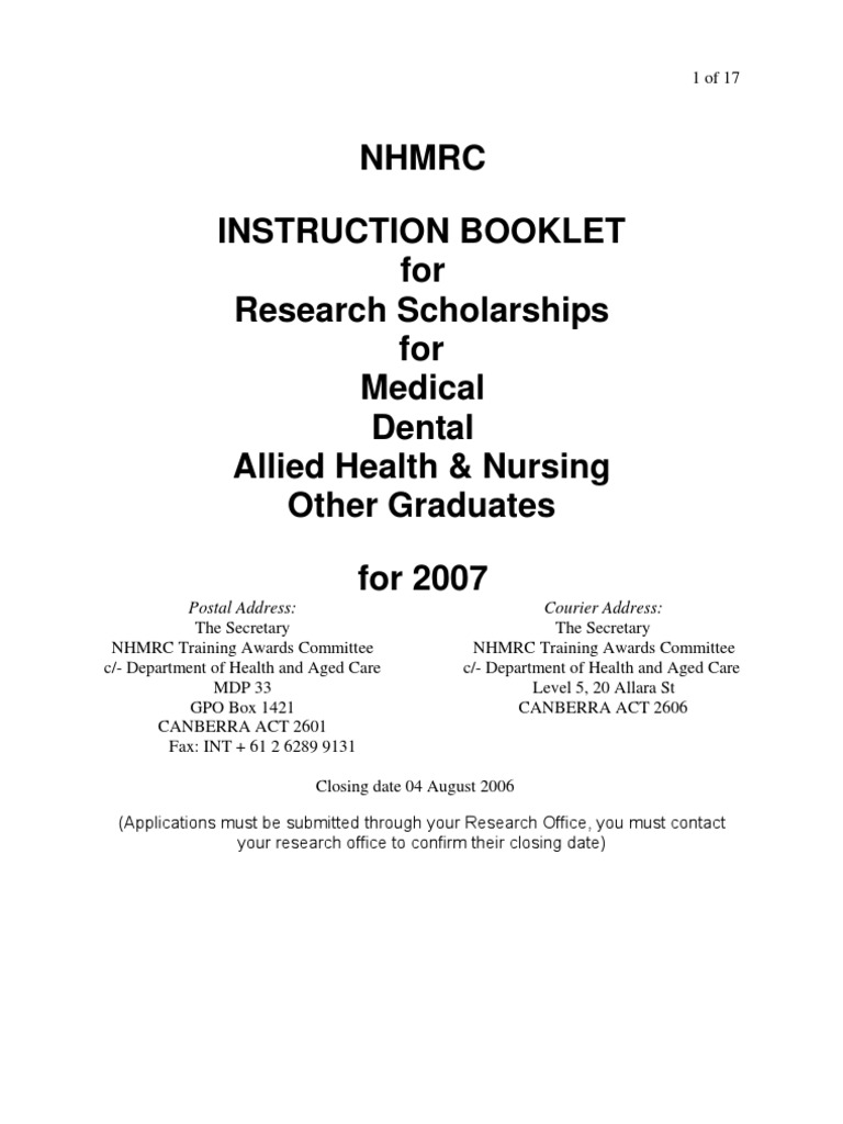 NHMRC Instruction Booklet For Research Scholarships For Medical Dental ...