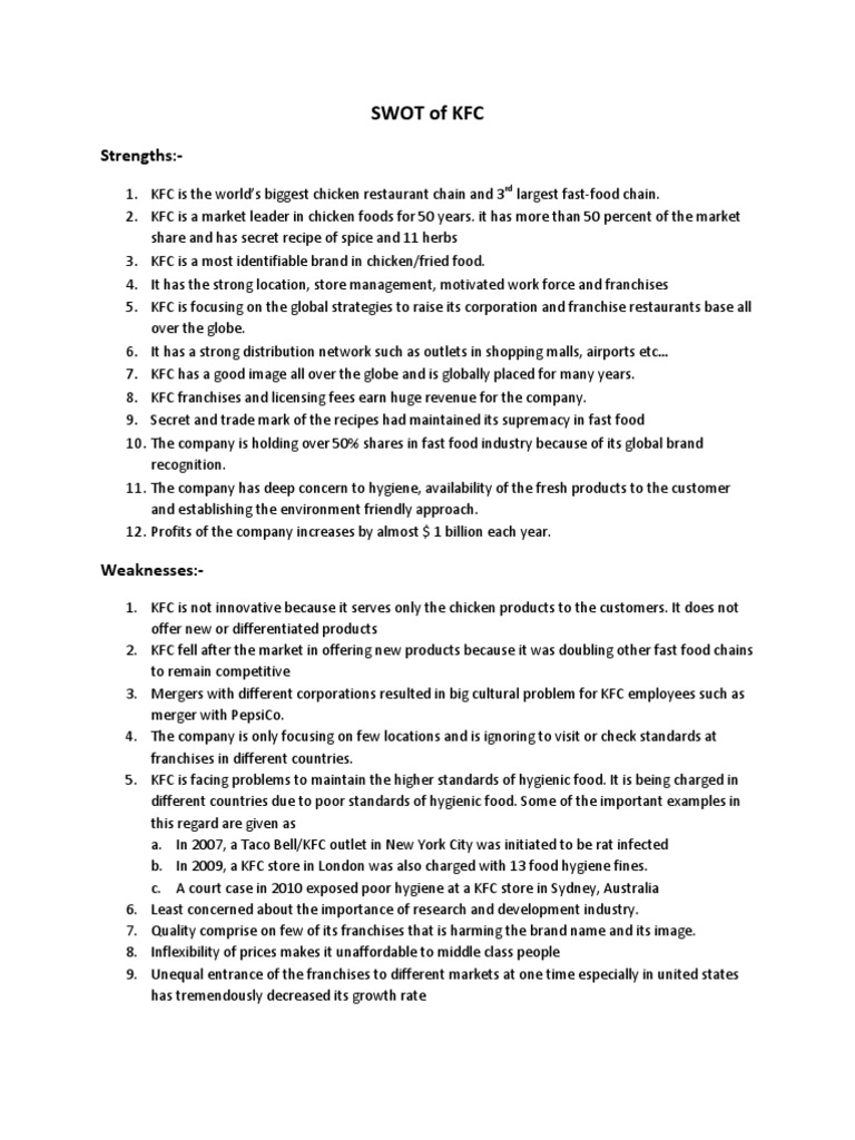Swot of KFC | PDF | Fast Food | Mc Donald's