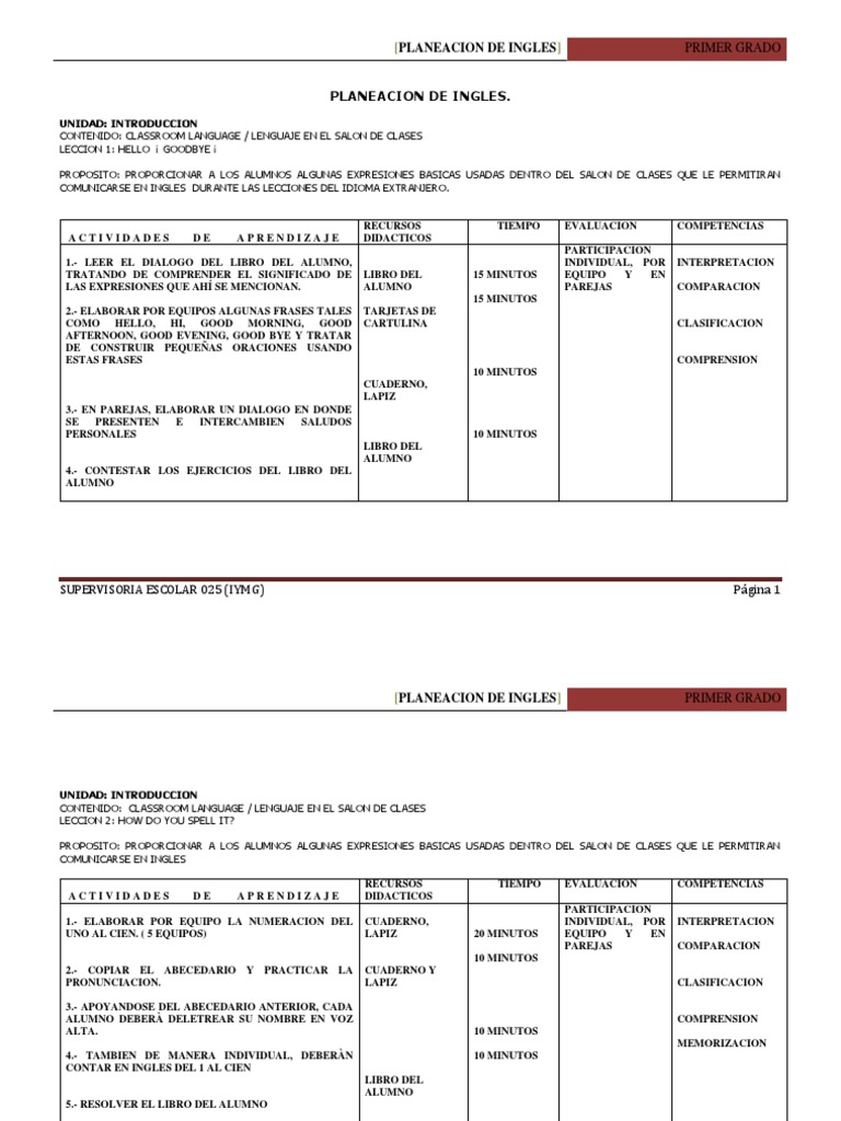Planeacion de Ingles Primer Grado | PDF