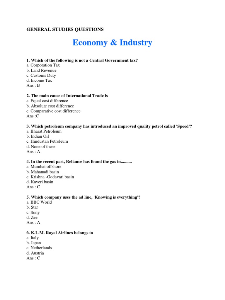 Economy & Industry: General Studies Questions | PDF | Nile | Stocks