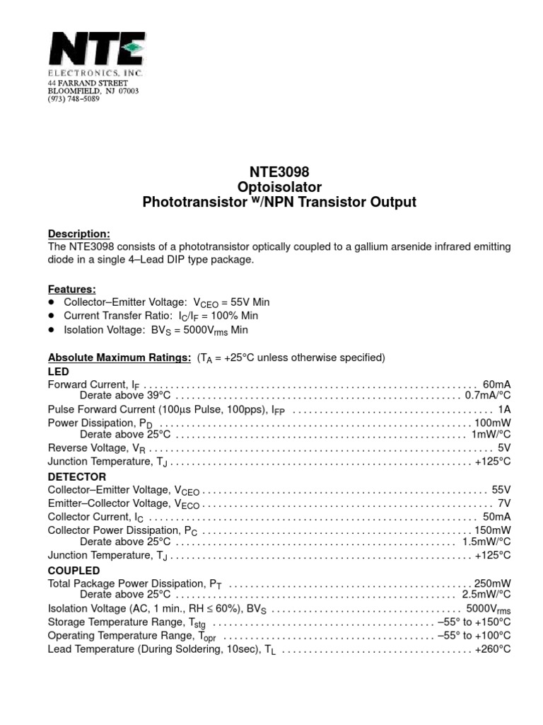 NTE3098 Optoisolator Phototransistor /NPN Transistor Output: CEO C F S Rms | PDF | Components ...