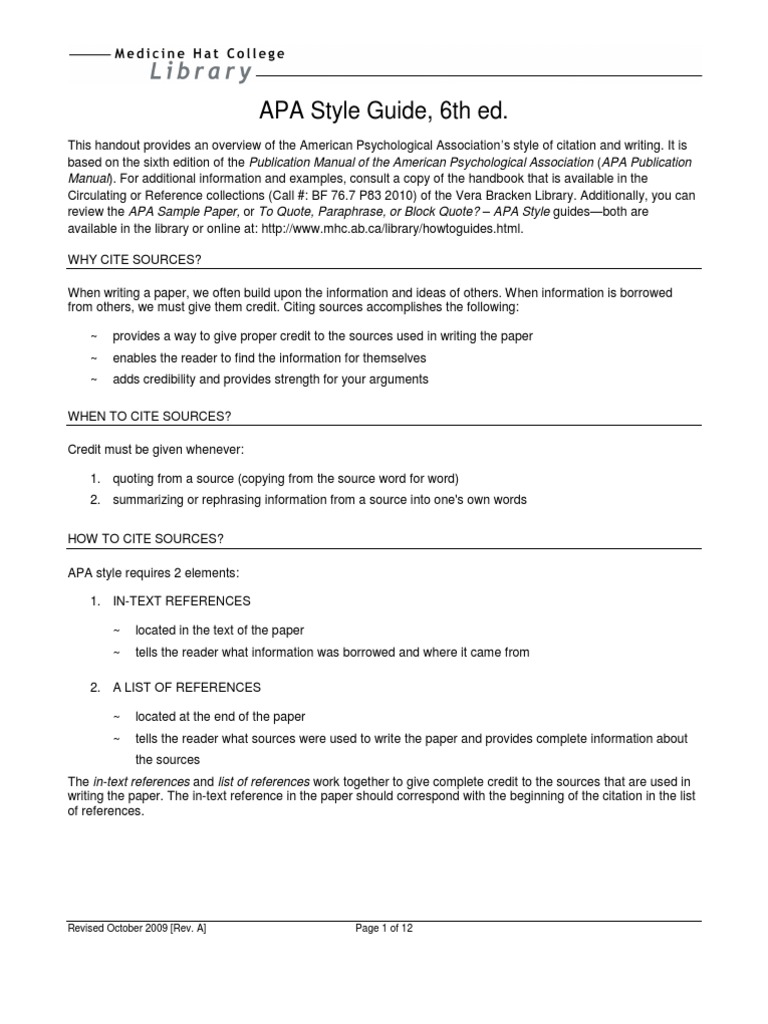 Apa Style Guide 6th Ed | PDF | Apa Style | Citation