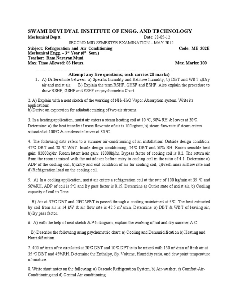 Swami Devi Dyal Institute of Engg. and Technology: Attempt Any Five ...