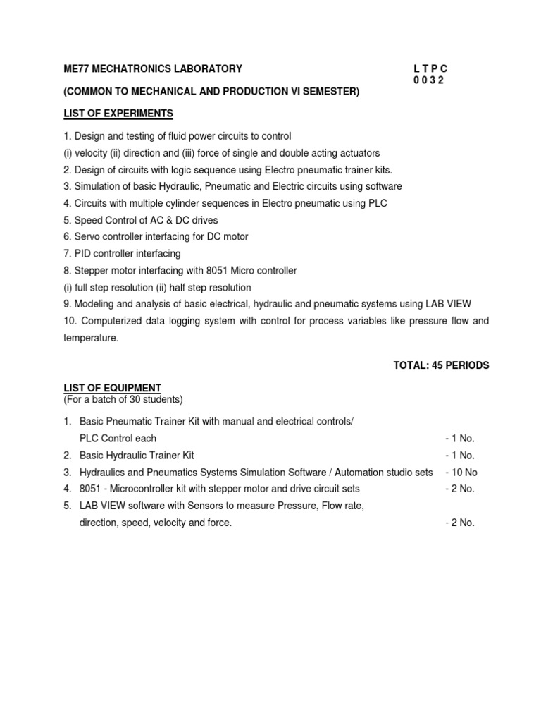 Me77 Mechatronics Laboratory Syllabus | PDF