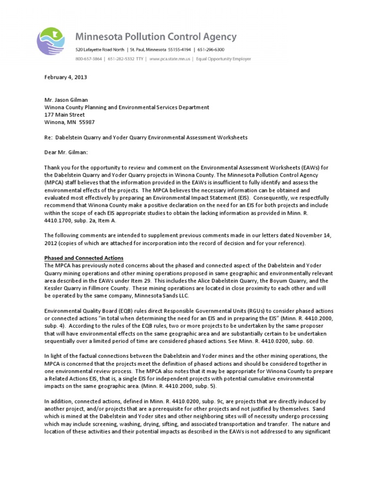 MPCA-Winona-Dabelstein-Yoder EAWs Comment Letter 2 4 13 | Download Free ...