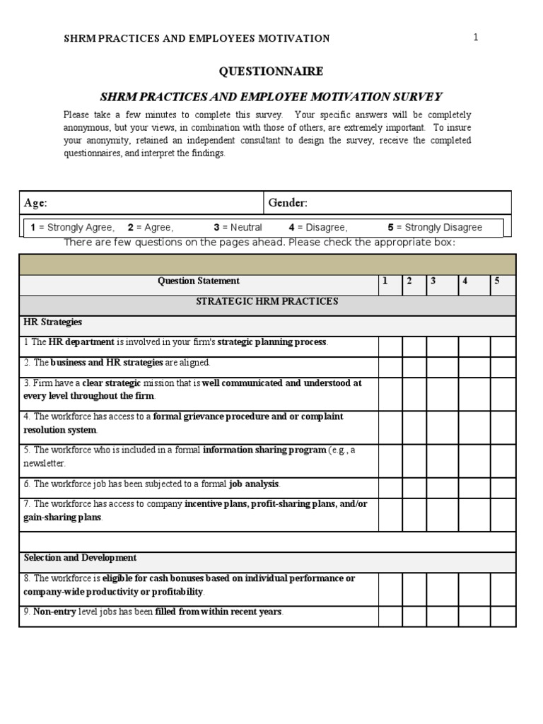 SHRM Practices and Employee Motivation Survey: Questionnaire | PDF ...