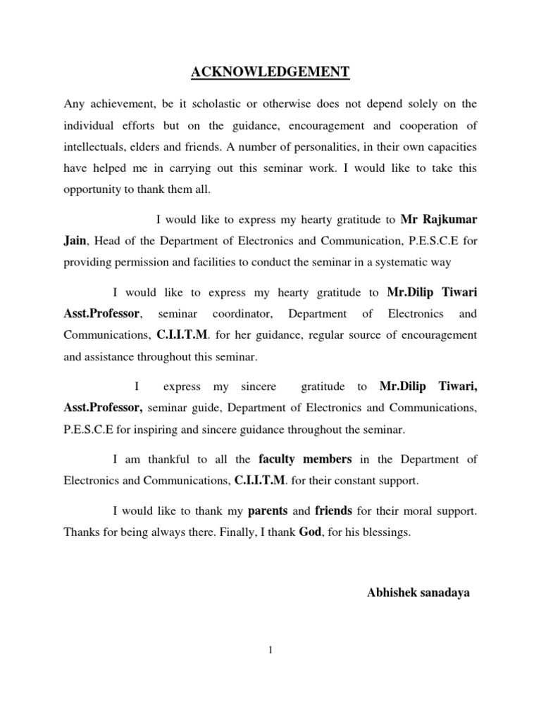 Acknowledgement: Jain, Head of the Department of Electronics and ...