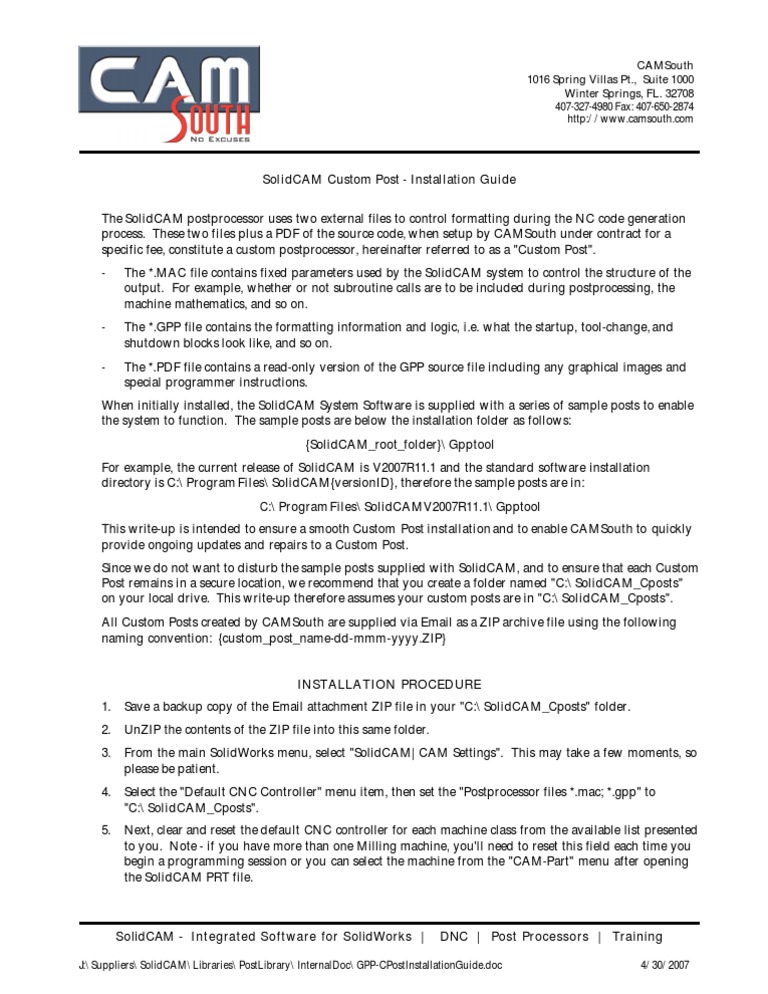 Solidcam Custom Post - Installation Guide: Camsouth 1016 Spring Villas PT., Suite 1000 Winter ...