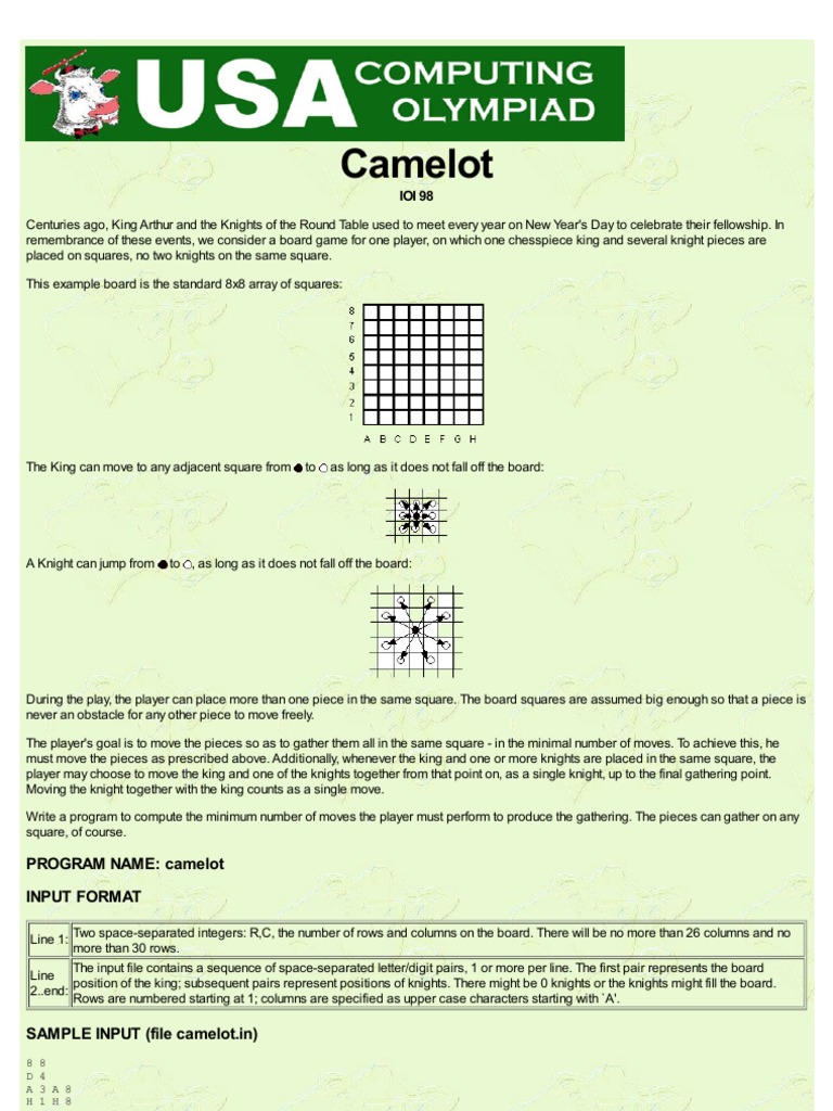 USACO Training Pages: Camelot | PDF | Camelot | Areas Of Computer Science USACO Training Pages: Camelot | PDF | Camelot | Areas Of Computer Science