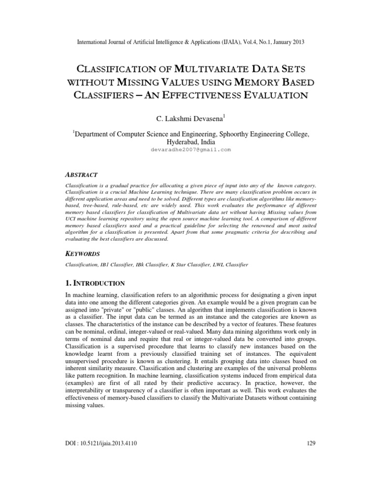 Classification of Multivariate Data Sets Without Missing Values Using Memory Based Classifiers ...
