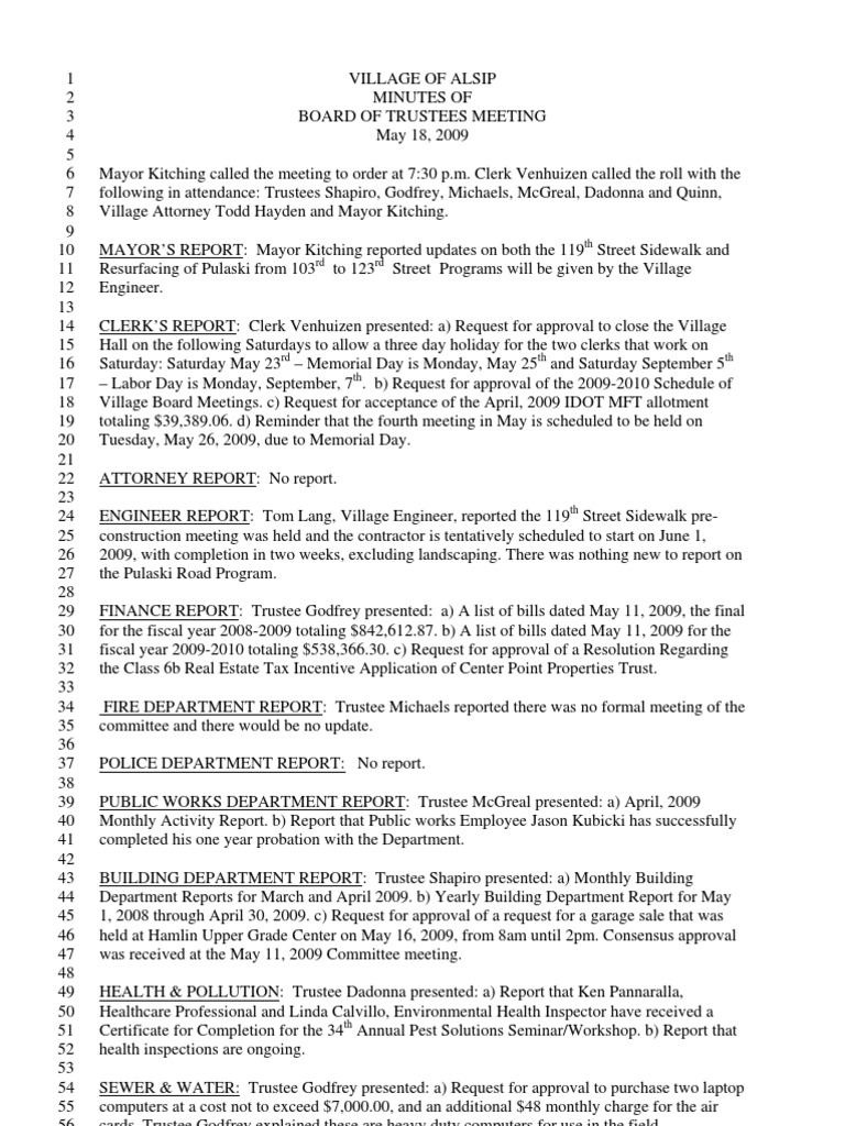Alsip May 18 2009 Board | PDF | Trustee | Government