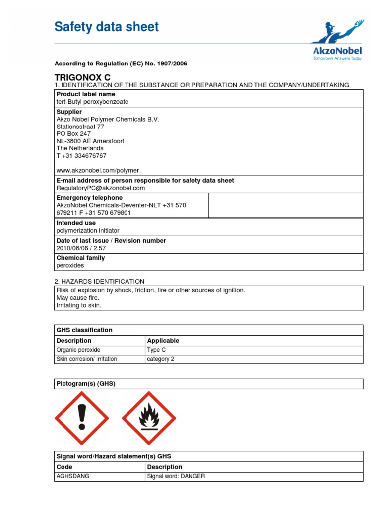 Safety Data Sheet: Trigonox C | Download Free PDF | Fires | Carbon Dioxide