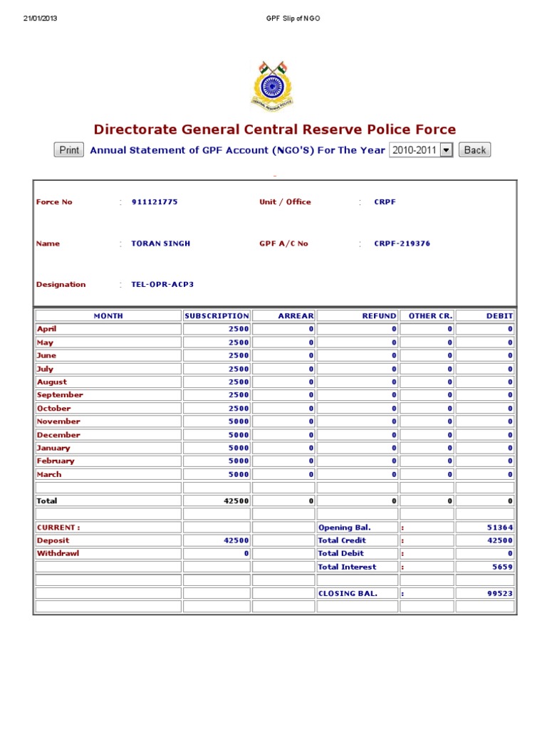 Annual Statement of GPF Account for the Year 2010-2011 of Tora N Singh ...