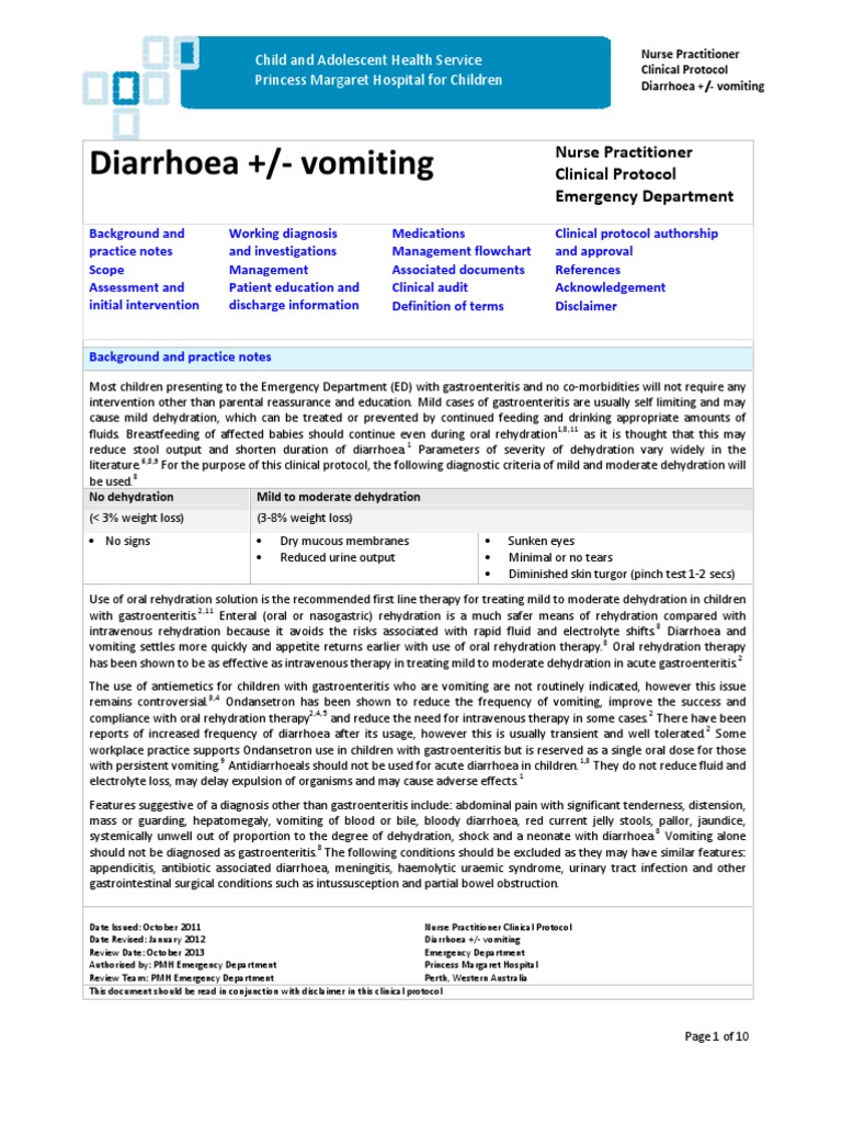 Diarrhoea +/ Vomiting: Nurse Practitioner Clinical Protocol Emergency ...