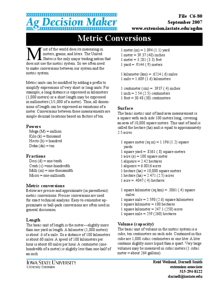 Metric Conversions: Surface | PDF | Tonne | Metre