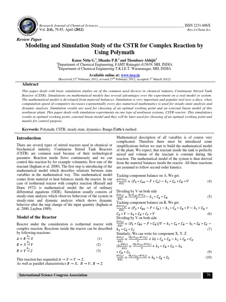 Modeling and Simulation Study of The CSTR For Complex Reation Usong POLYMATH | PDF | Chemical ...