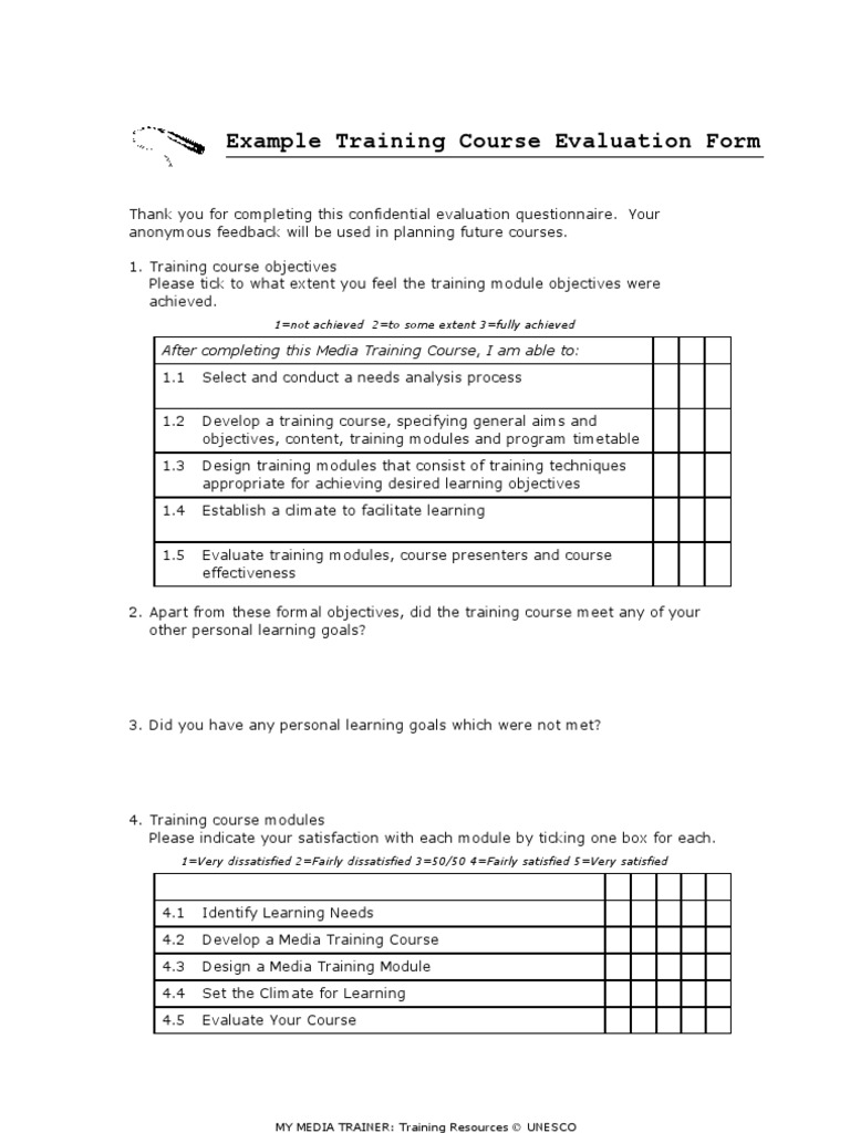 Training Course Evaluation Form | PDF | Course Evaluation | Performance ...