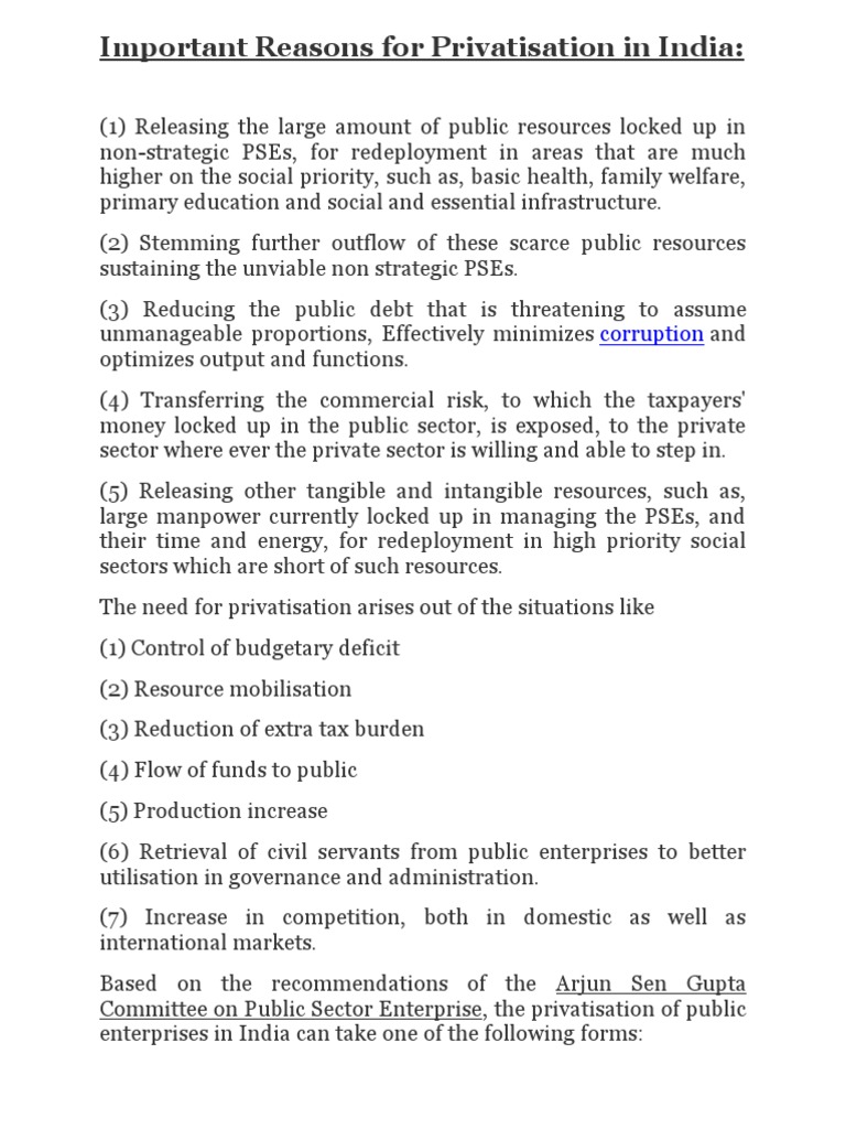 Important Reasons For Privatisation in India | PDF | Privatization ...