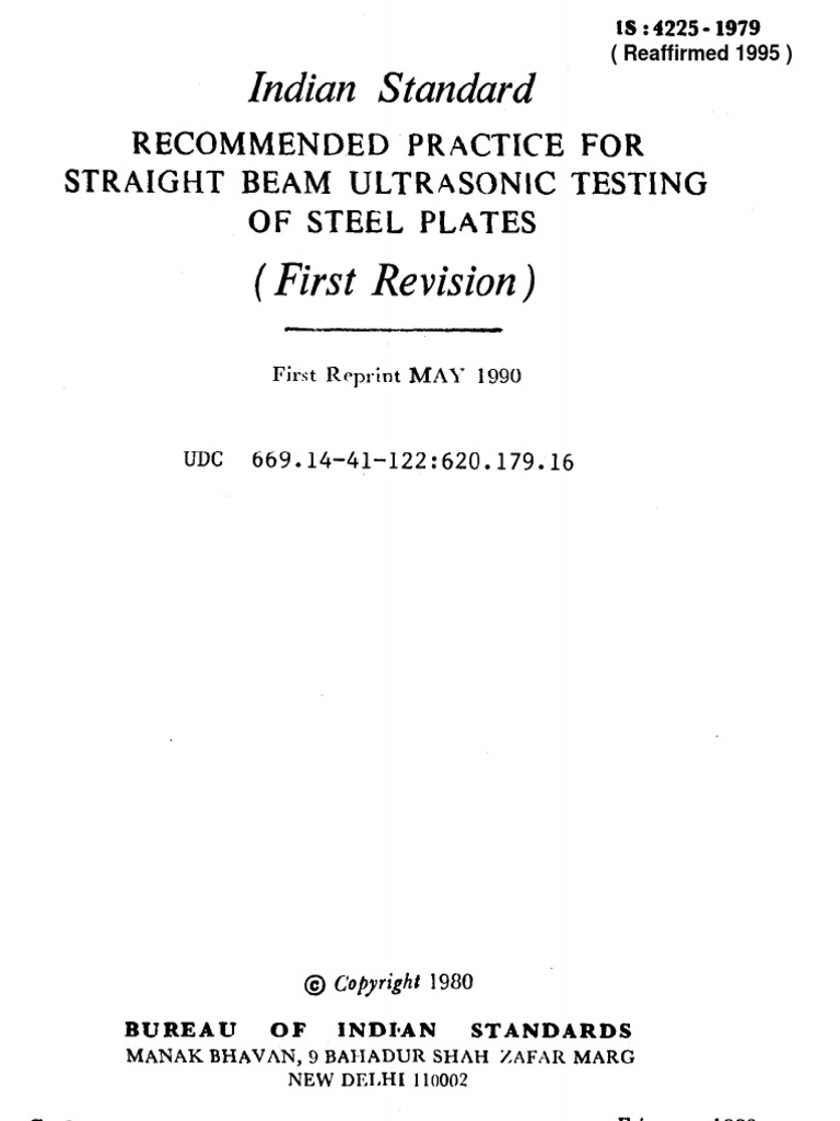 Indian Standard: Recommended Practice Straight Beam Ultrasonic of Steel ...