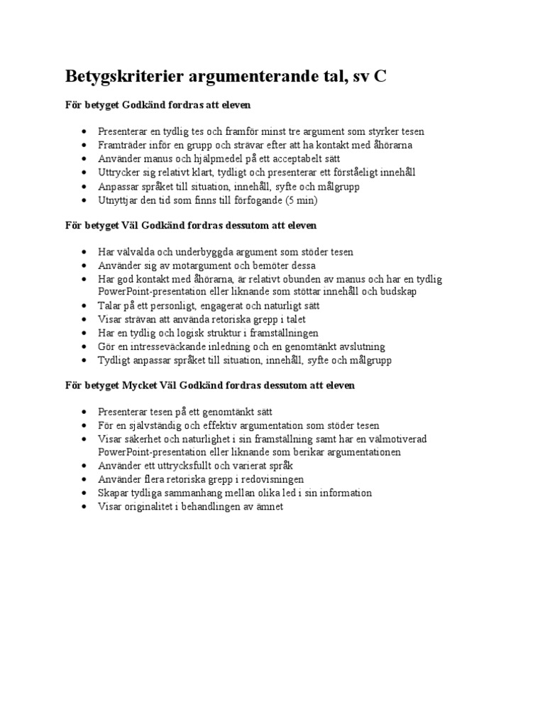 Betygskriterier Argumenterande Tal | PDF