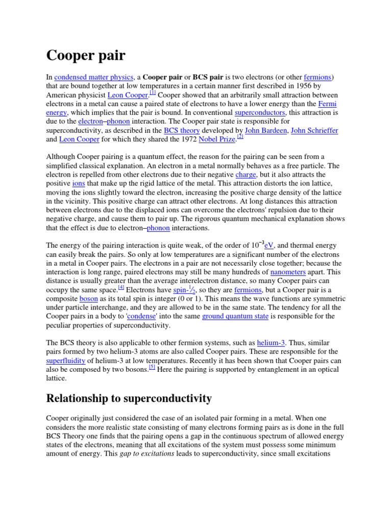Cooper Pair: Relationship To Superconductivity | PDF | Theoretical ...