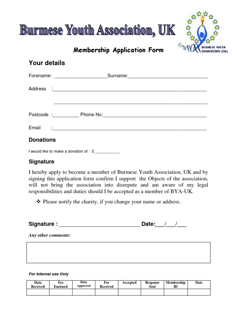 Membership Application Form Your Details: Donations | PDF