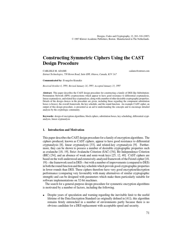 Constructing Symmetric Ciphers Using The CAST Design Procedure | PDF ...
