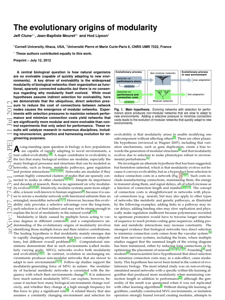 The Evolutionary Origins of Modularity | PDF | Evolution | Natural ...