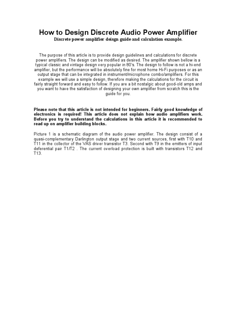 How To Design Discrete Audio Power Amplifier | PDF | Amplifier | Transistor